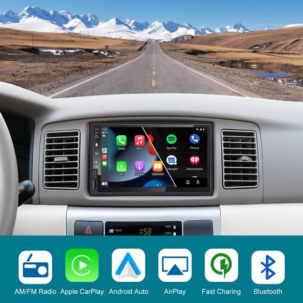 7 Inch Double Din Car Stereo with Wireless CarPlay & Wireless Android Auto,Car Radio Touchscreen with Bluetooth,Live Rearview Camera,Type C Fast Charge,Airplay,USB/SWC/AUX,AM/FM Car Radio