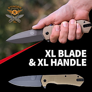 Off-Grid Knives - Stinger XL Folding Knife w. Spear Point Blade, Crucible 154CM Steel, G10 Scales, Deep Carry Clip (Coyote)