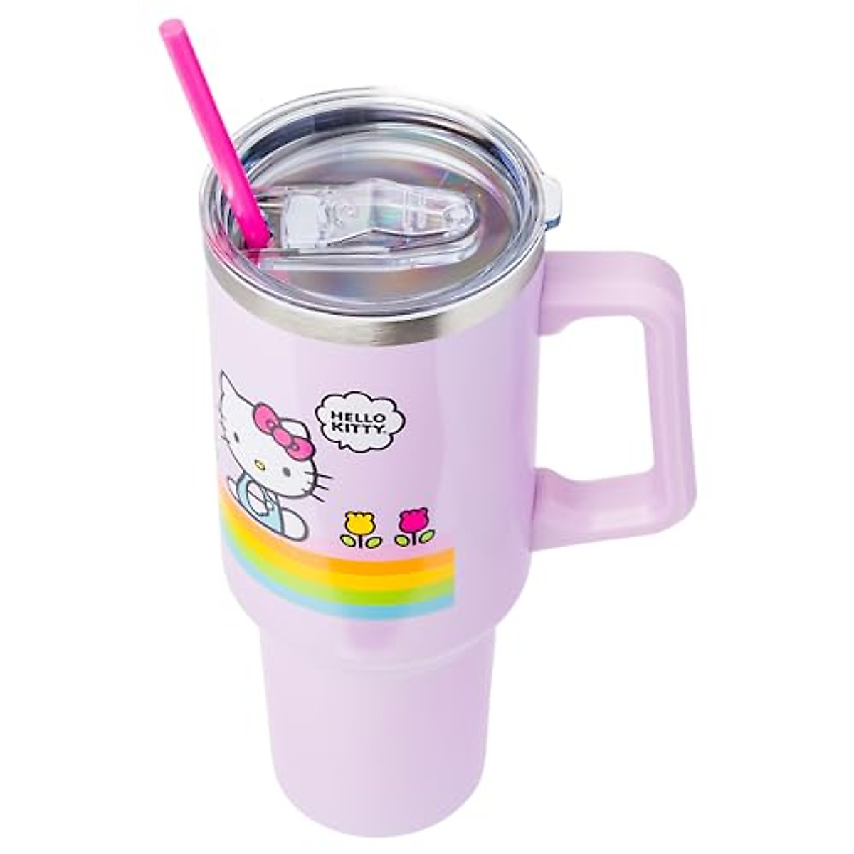 Silver Buffalo Sanrio Hello Kitty Spring and Summer Flowers Rainbow Stripes Stainless Steel Tumbler with Handle and Straw, Fits in Standard Cup Holder, 40 Ounces