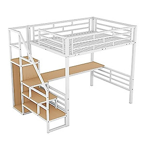 CITYLIGHT Full Size Loft Bed with Staircase and Desk, Metal Loft Bed Frame with Wardrobe and Storage Shelves, Full Loft Bed with Desk for Kids, Teens, Boys & Girls (Full, White)
