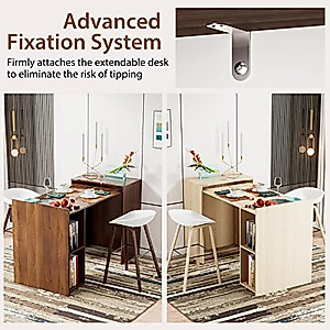 Tangkula Extendable Computer Desk for Small Space, Reversible Study Writing Desk with Mobile Shelves & Anti-Tipping Kit, Home Office Desk, Pull-Out Laptop Workstation Desk (Brown)