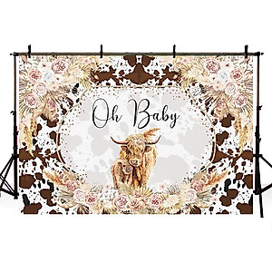 AIBIIN 7x5ft Highland Cow Baby Shower Backdrop Holy Cow Oh Baby Party Decorations for Boys Girls Pink Boho Floral Brown Highland Cattle Farm Photography Background Banner Photo Props