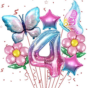 Butterfly Balloon 4th Birthday Decorations,Butterfly Balloons Colorful Gradient Pink Butterfly Foil Mylar Balloon for Fairy 4th Birthday Party Decorations Girl Party Supplies Baby Shower