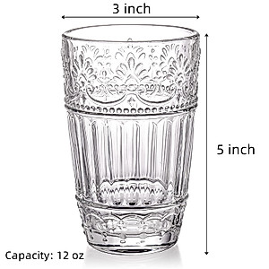 AVLA 6 Pack Romantic Water Glasses, 12 OZ Drinking Glasses Tumblers, Vintage Iced Coffee Glassware Set, Premium Bar Drinkware Cup for Beverages, Tea, Juice, Whiskey, Cocktail, Embossed Design