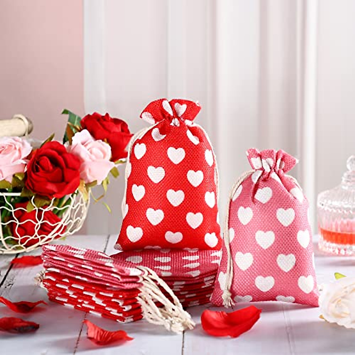 24 Pieces 4 x 6 Inches Burlap Bags with Drawstring Linen Bag with Heart Red and Pink Heart Bags for Valentine's Day Wedding Heart Bags Party Favor Valentine's Day Gift Bags Packing Storage Pouch