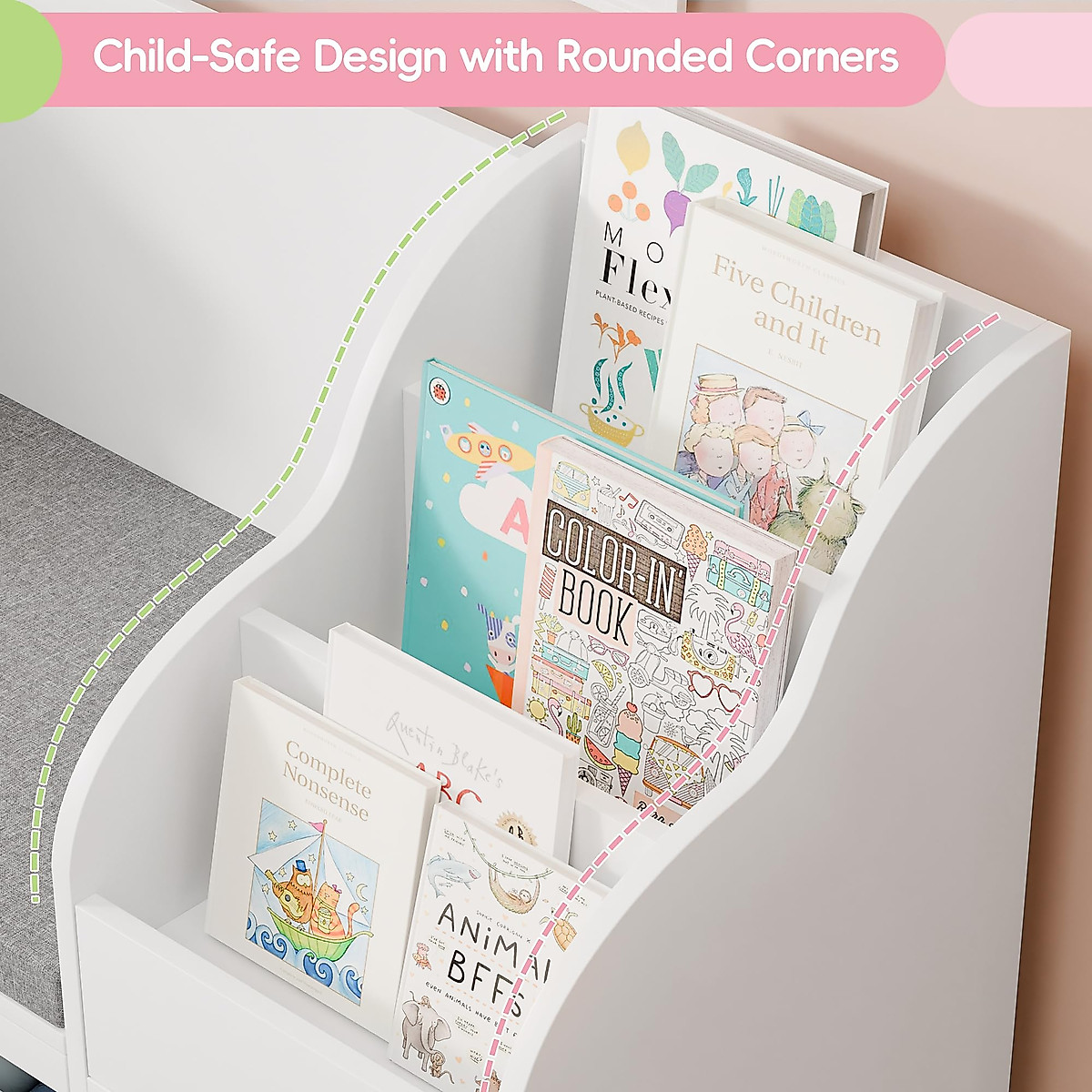 MU Kids Bookshelf with Reading Nook, Toddler Bookcase Bench with Seat Cushion and 7 Storage Cubbies, Kids Reading Nook for Boys & Girls, Toy Storage Bench Box for Bedroom, Playroom, Nursery, White