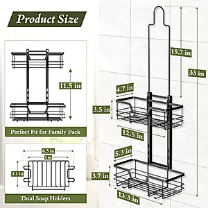 Skyapex Hanging Shower Caddy Over Showerhead, Extended Long Adjustable Bathroom Shower Organizer Hanging with 2 Soap Holders and 12 Hooks, Rustproof Large Capacity Shower Rack, Stainless Steel, Black