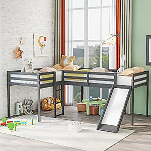 Myshle Twin Loft Bed for Kids, L-Shape Loft Beds with Slide,Low Loft Bed Frame Corner Bunk Bed Wooden Loft Bed for Girls Boys Teens,Gray
