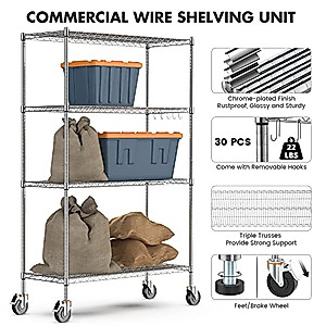 Leteuke Wire Shelving Unit with Wheels, NSF Certified 4 Tier Adjustable Storage Shelves 48"×18"×72", 2400LBS Heavy Duty Shelving Commercial Grade Metal Storage Utility Rack for Kitchen Garage, Chrome