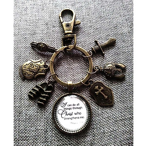 Unisex Christian Keychain, purse charm, zipper pull with I can do all things through Christ and Armor of God Tibetan Bronze Charms