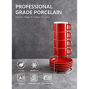 Sweese 8 Ounce Porcelain Stackable Cappuccino Cups with Saucers and Metal Stand - for Specialty Coffee Drinks, Cappuccino, Latte, Americano and Tea - Set of 4, Red