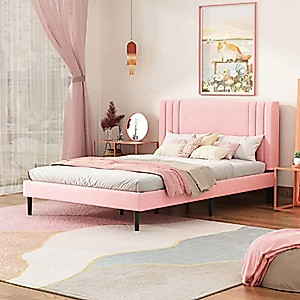 Daznzn Full Size Bed Frame with Headboard, Velvet Upholstered Platform Bed with Strong Wood Slats Support, No Box Spring Needed, Strong Weight Capacity, Noise Free, Easy Assembly, Pink