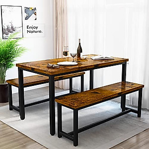 Recaceik 3-Piece Dining Table Set for 4, 43'' Dining Room Table Set with 2 Benches, Space-Saving Dinette Table with Metal Frame & MDF Board, Kitchen Breakfast Table for Dining Room, Rustic Brown