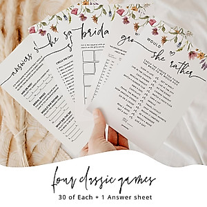 Bridal Shower Games - 4 Bridal Shower Games for 30 Guests, (He Said She Said, Would She Rather, Bridal Bingo, What Did The Groom Say), Double-Sided Cards (Wildflower)