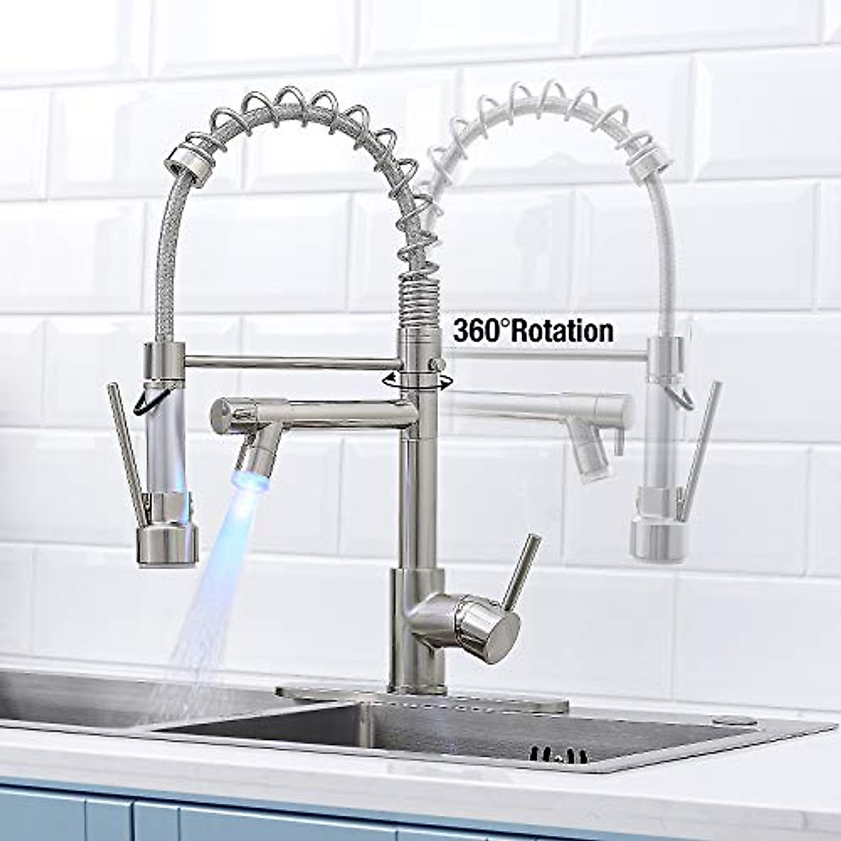 DJS Kitchen Faucet with Pull Down Sprayer, Faucet for Kitchen Sink, High Arch Stainless Steel Single Handle Spring Kitchen Faucets with Deck Plate for 1 or 3 Holes for Sink. DJS-CFLT-2020N-Lock-LED-DP