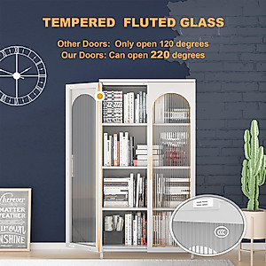 4-Tier Glass Cabinet, Metal Kitchen Pantry Cabinet with Tempered Glass Doors, Modern Accent Cabinet with Doors, Kitchen Cabinet with Adjustable Feet & Shelves, Bar Cabinet, White Pantry （White）