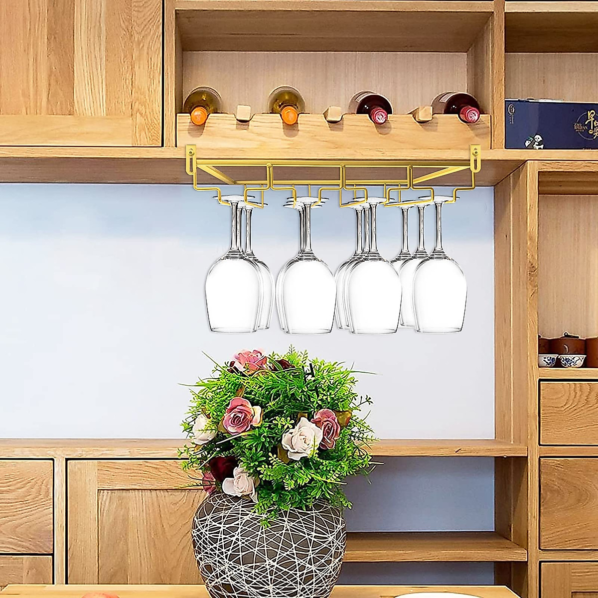 AUHOKY Adjustable Wine Glass Holder Under Shelf, Nail Free Metal Stemware Holder Storage Hanger, Hanging Wine Glasses Rack Organizer Under Cabinet Mount for Bar Kitchen (4 Rows, Gold)