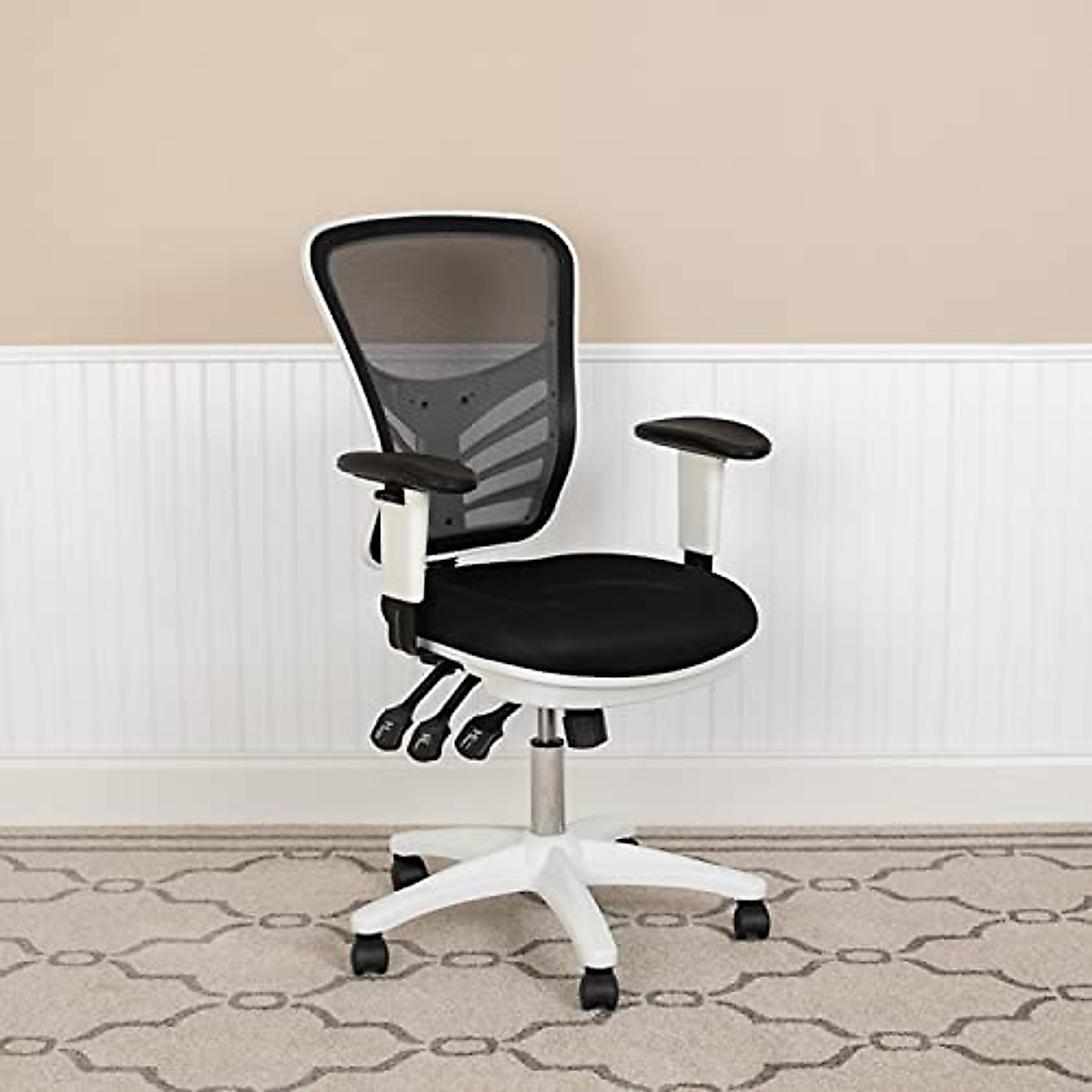 Flash Furniture Nicholas Mid-Back Black Mesh Multifunction Executive Swivel Ergonomic Office Chair with Adjustable Arms and White Frame