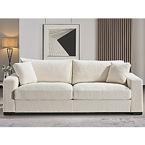 Container Furniture Direct Luxe Corduroy Sofa with 2 Toss Pillows, Spacious and Comfortable 3 Seater Couch for Modern Living Room, Ideal for Entertainment and Cozy Moments, 89" Wide, Beige