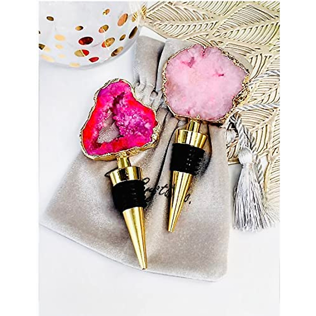 LUXE CRYSTAL CO. Handcrafted Purple Magenta Pink Agate Druzy Gold Natural Crystal Wine Champagne Stopper Handmade Bottle Barware Housewarming Bridal Shower (Pink)