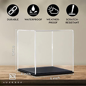 AUZEBOX Acrylic Display Case with Black Base- Highly Transparent, Dustproof and Clear Vision Lego Display Case for Action Figures, Legos, Trophy, Model Cars, and Any Toy Collectables 4x4x4 Inches
