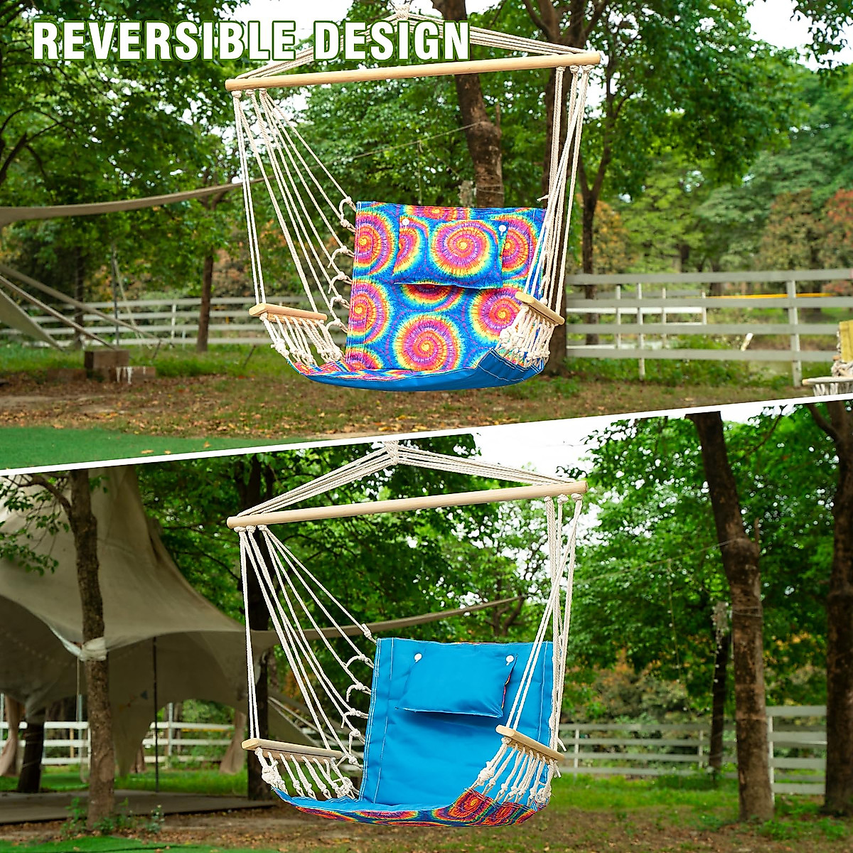 Backyard Expressions Reversible Hanging Rope Swing - Max 275 Lbs - Wooden Spreader Bar - for Any Indoor or Outdoor Spaces