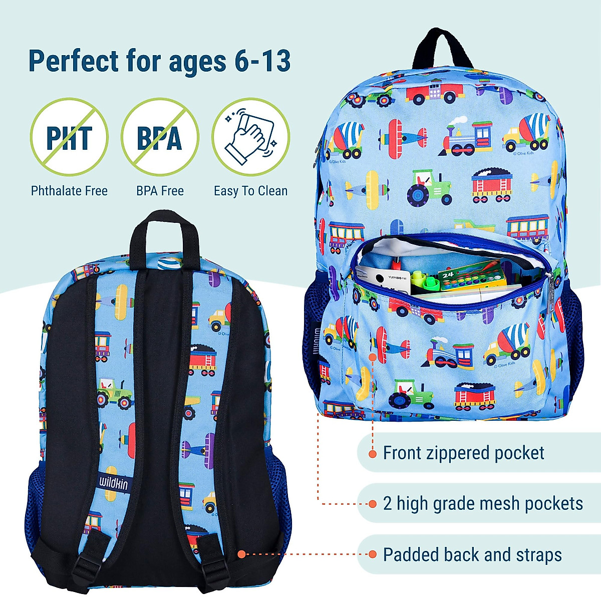 Wildkin 16-Inch Kids Backpack for Boys & Girls, Perfect for Elementary School Backpack, Features Padded Back & Adjustable Strap, Ideal Size for School & Travel Backpacks (Trains, Planes, and Trucks)