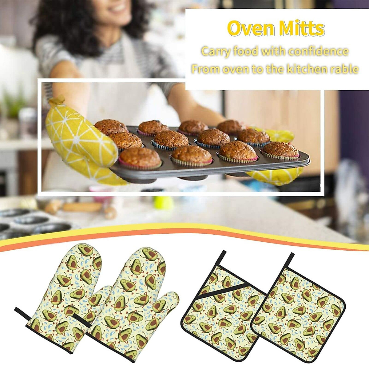 Avocado Oven Mitts and Pot Holders Heat Resistant 4 Pcs Sets Waterproof Non-Slip for BBQ Cooking Baking Grilling