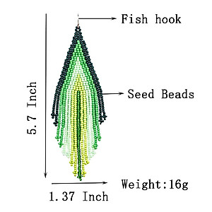 Luluping Long Beaded Dangle Earrings – Boho Native Handmade Seed Bead Tassel Earrings for Women, Bohemian Large Statement Beaded Drop Fringe Earrings (Green Beaded Earrings B)