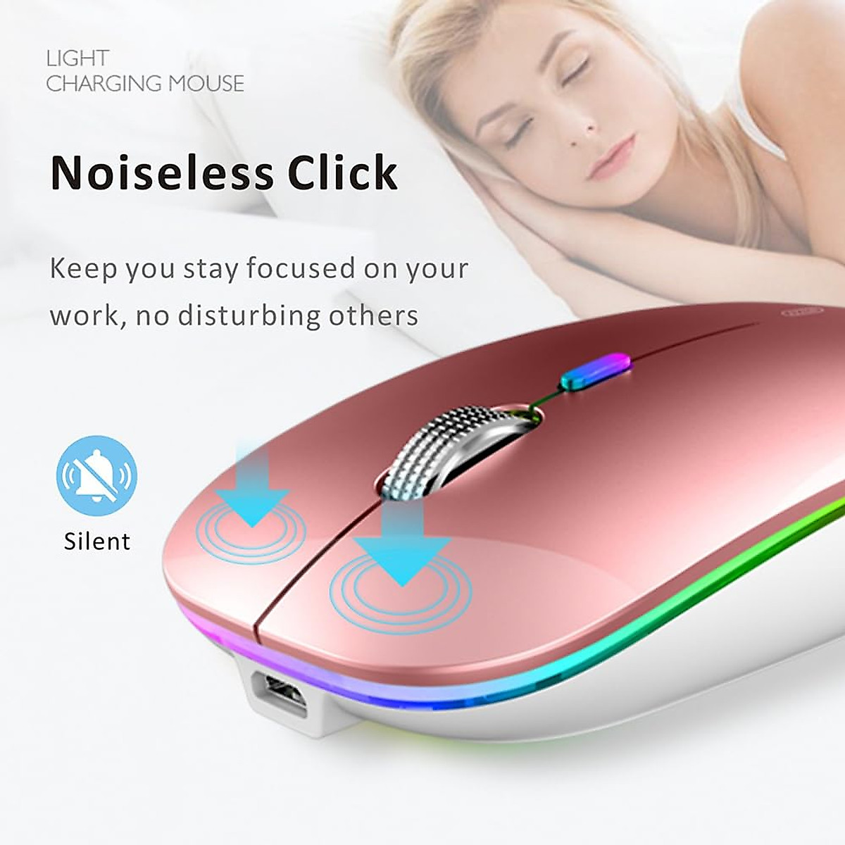 Uiosmuph LED Wireless Mouse, G12 Slim Rechargeable Silent 2.4G Portable Optical Wireless Computer Mice with USB Receiver and Type C Adapter (Rose Gold)