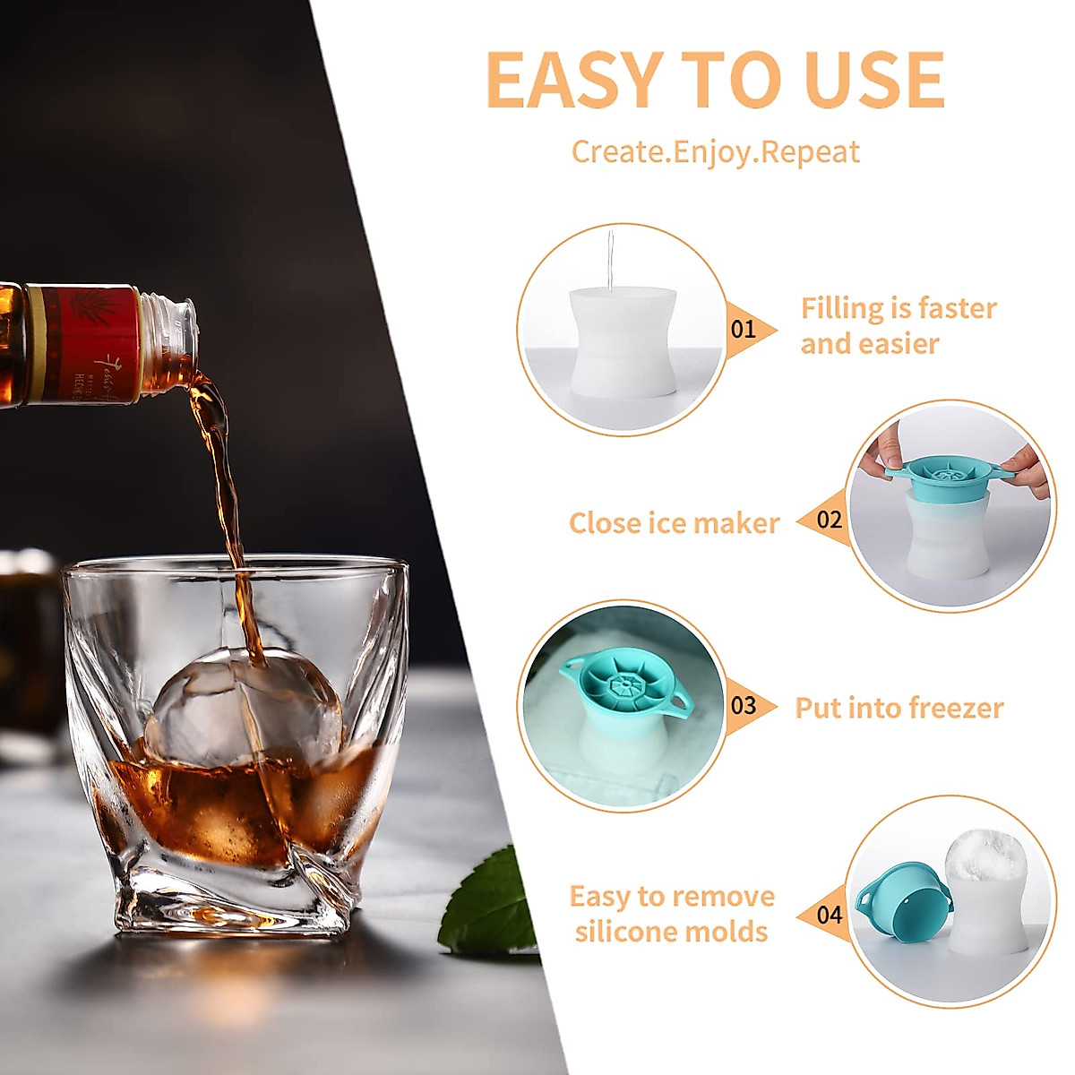 Old Fashioned Whiskey Glasses,Set of 5 ( 2 Crystal Bourbon Glasses,1 Storage Bags,2 Round Big Ice Ball Molds ) - 9 Oz Whiskey Rocks Glass for Scotch Cocktail Rum Cognac Vodka Liquor,Gift for Men