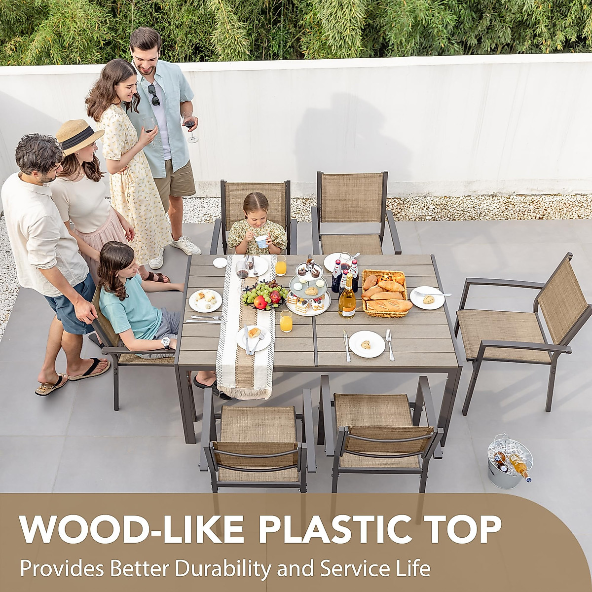 Devoko Patio Dining Set 7 Piece Outdoor Furniture with Rectangular Table and 6 Stackable Chairs Family Conversation Set for Garden Backyard Deck (Brown)