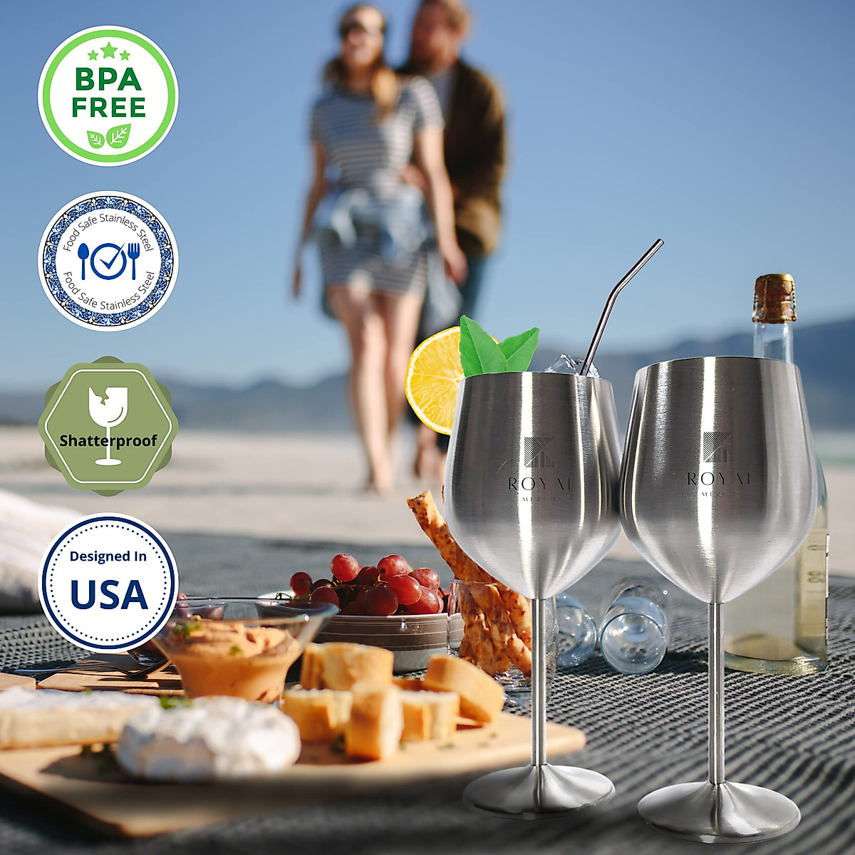 Royal Merchs Stainless Steel Wine Glass 2 pack - Matte Stainless Steel Wine Glasses - Silver Wine Glasses - Metal Wine Glass - Wine Glass Stainless Steel - Stainless Steel Wine Glass Duce