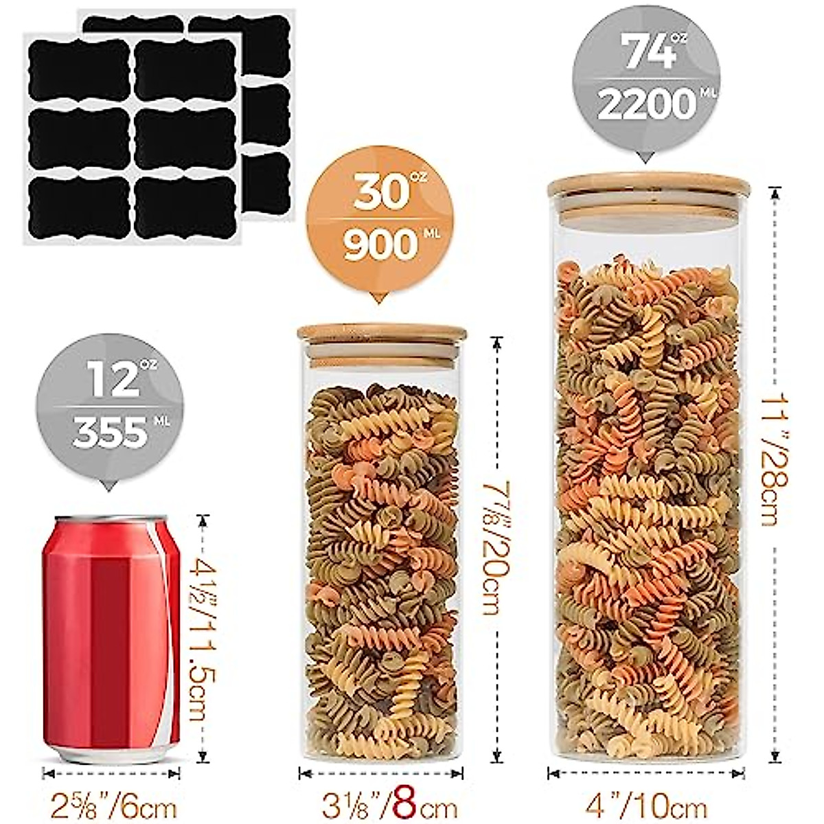 ComSaf Airtight Glass Storage Containers with Bamboo Lid (30oz Set of 3), Clear Food Storage Canisters with Lid, Kitchen Pantry Storage Jar for Flour Cereal Sugar Tea Coffee Beans Snacks, Round