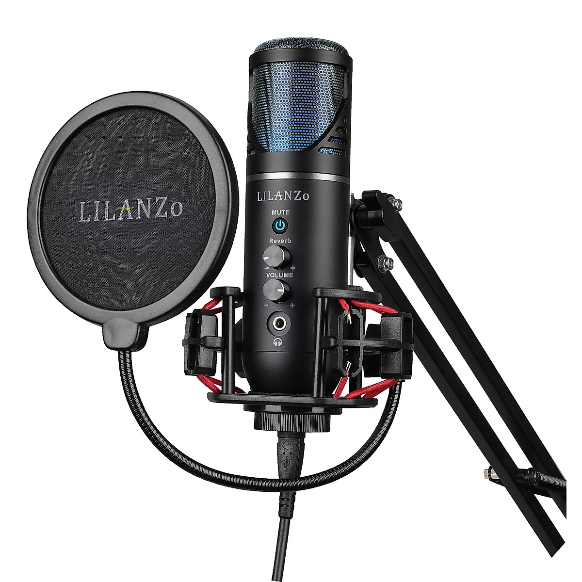 Gaming USB Microphone for PC, Noise Cancellation Condenser Mic with Boom Arm, Mute, Gain, Echo, Monitoring, Sound Optimization, Podcast Mic for Streaming, PS4/5, Twitch, YouTube, TikTOK (Black)