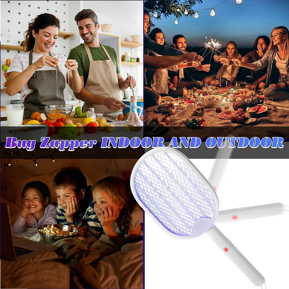 Qualirey 2 Pack 3 in 1 Electric Fly Swatter Foldable 3000V Handheld Mosquito Zapper with USB Rechargeable Base Bug Zapper Racket Fly Killer and Mosquito Trap Lamp Hanging Standing for Indoor Outdoor