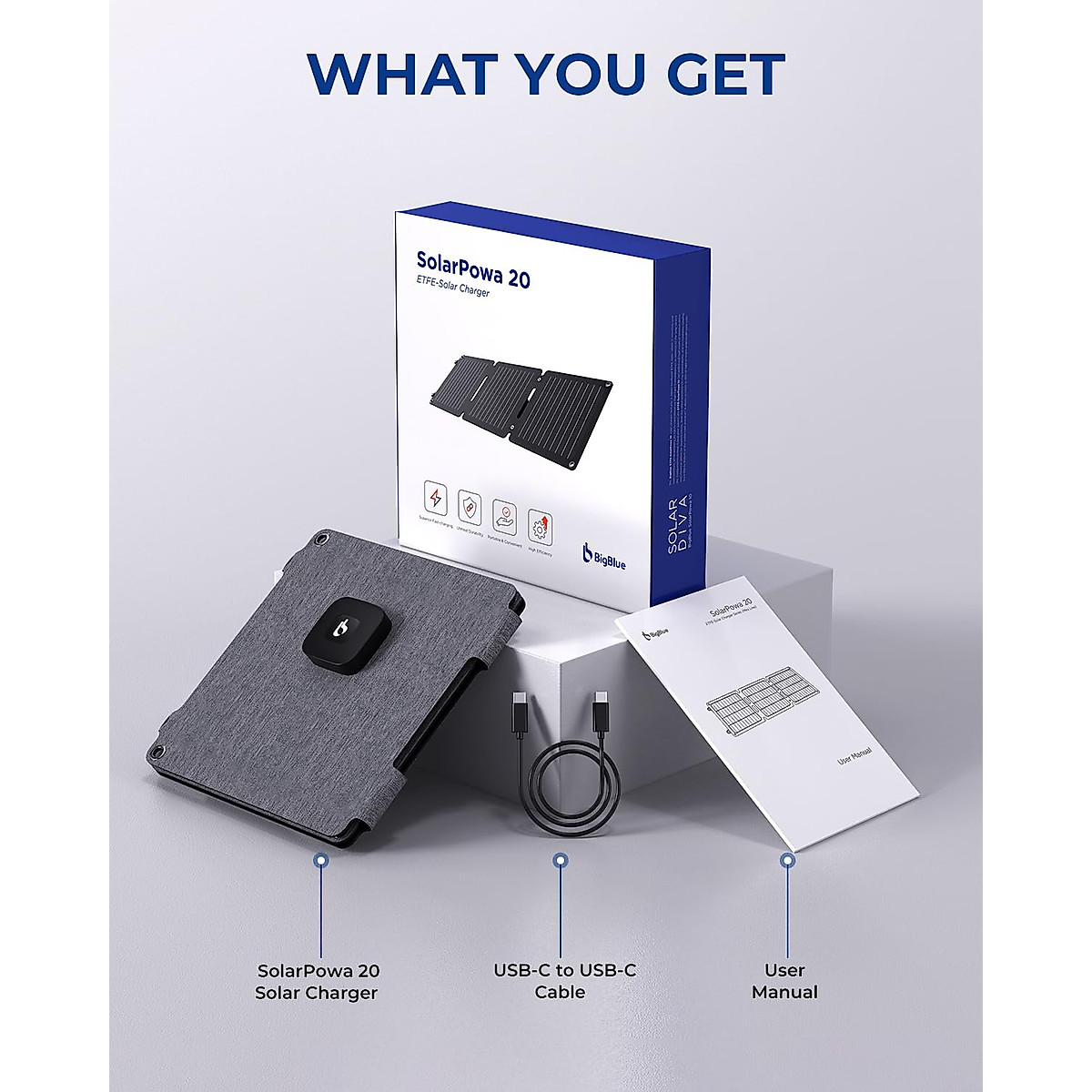 [Ultra-Fast Charging] BigBlue 20W ETFE Solar Charger with Kickstand, SolarPowa 20 Portable Solar Panel Charger with USB-A and USB-C, IP65 Waterproof, Compatible with iPhone, iPad, Samsung, LG etc.