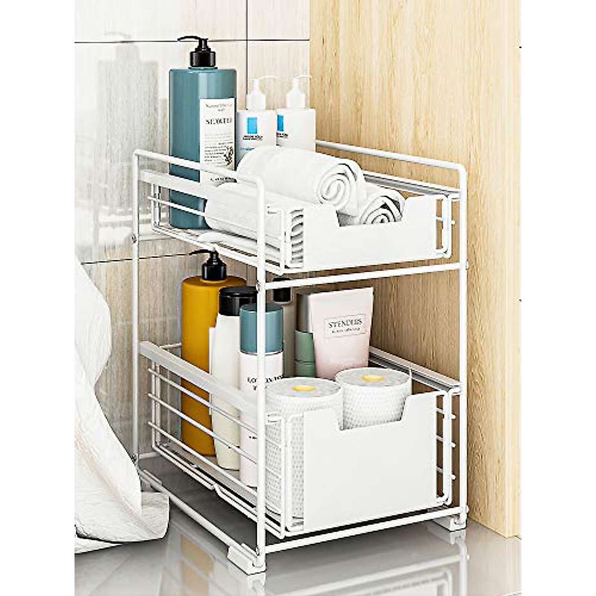Moxeay Metal Basket Organizer 2-Tier Under Sink Cabinet Organizer with Sliding Storage Drawer, Stackable Basket Rack for Kitchen & Bathroom