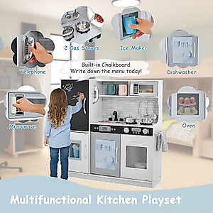 MAT EXPERT Kids Kitchen Playset, Wooden Chef Pretend Toy Kitchen w/Chalkboard, Ice Maker, Cookware Accessories, Telephone, Oven, Microwave, Play Kitchen for Toddlers, Gift for Boys Girls 3+ (White)