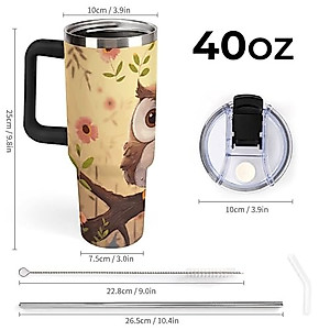 LPSADGF Cute Owl Insulated Stainless Steel Travel Mug, 40 Oz Tumbler with Handle And Straw Double-Wall Vacuum Coffee Cup, Leak-Proof Lid, Keeps Drinks Hot/Cold for Hours