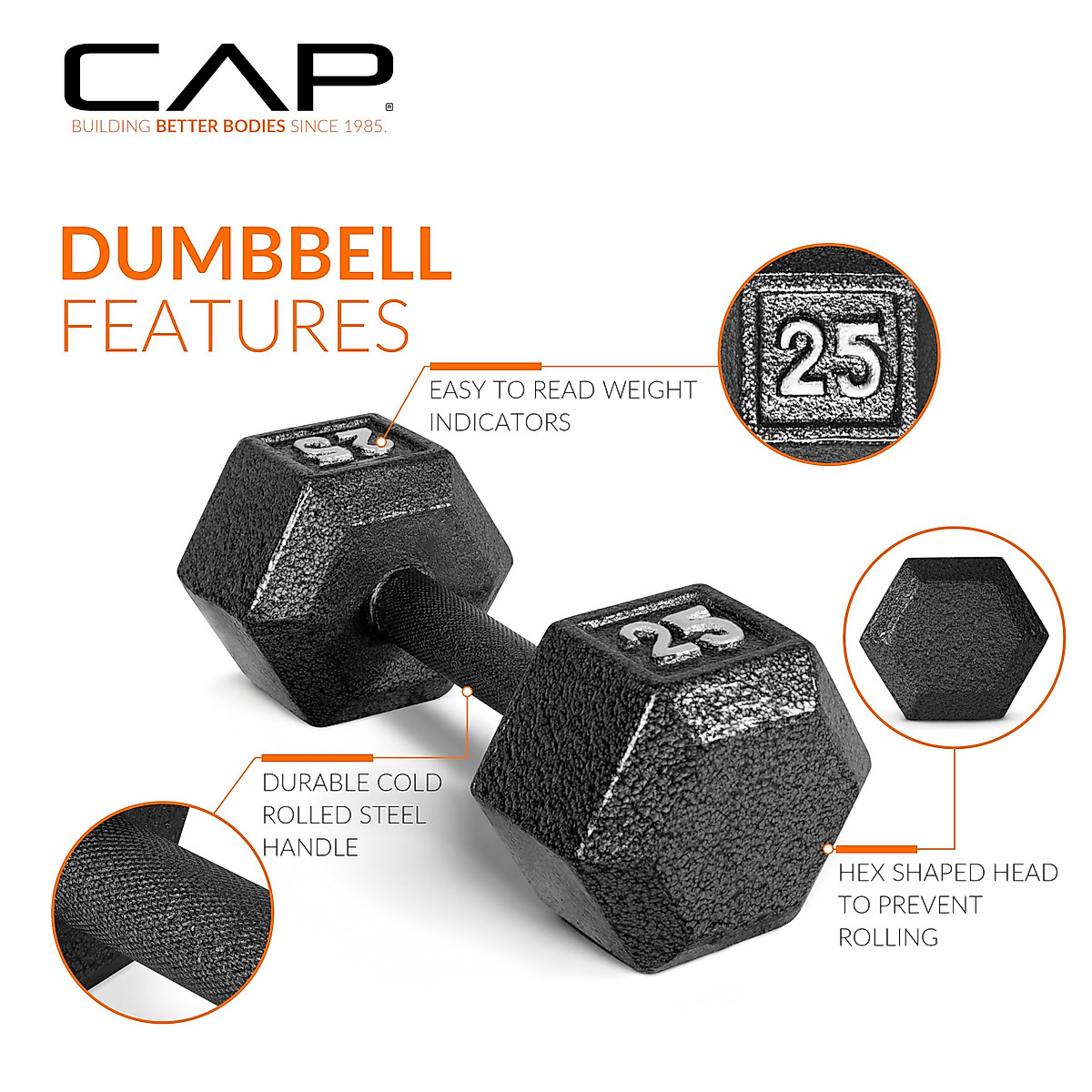 CAP Barbell Cast Iron Hex Dumbbell Weights (Pair), Black, 5 lb