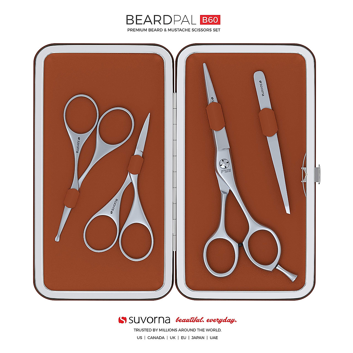 Suvorna Premium Beard & Mustache Scissors Set/Kit with Beard Scissors for Men - Grooming Scissors Men/Facial Hair Scissors/Nose Scissors - Eyebrow Scissors - Slant Tweezers (4 Pcs Brown)