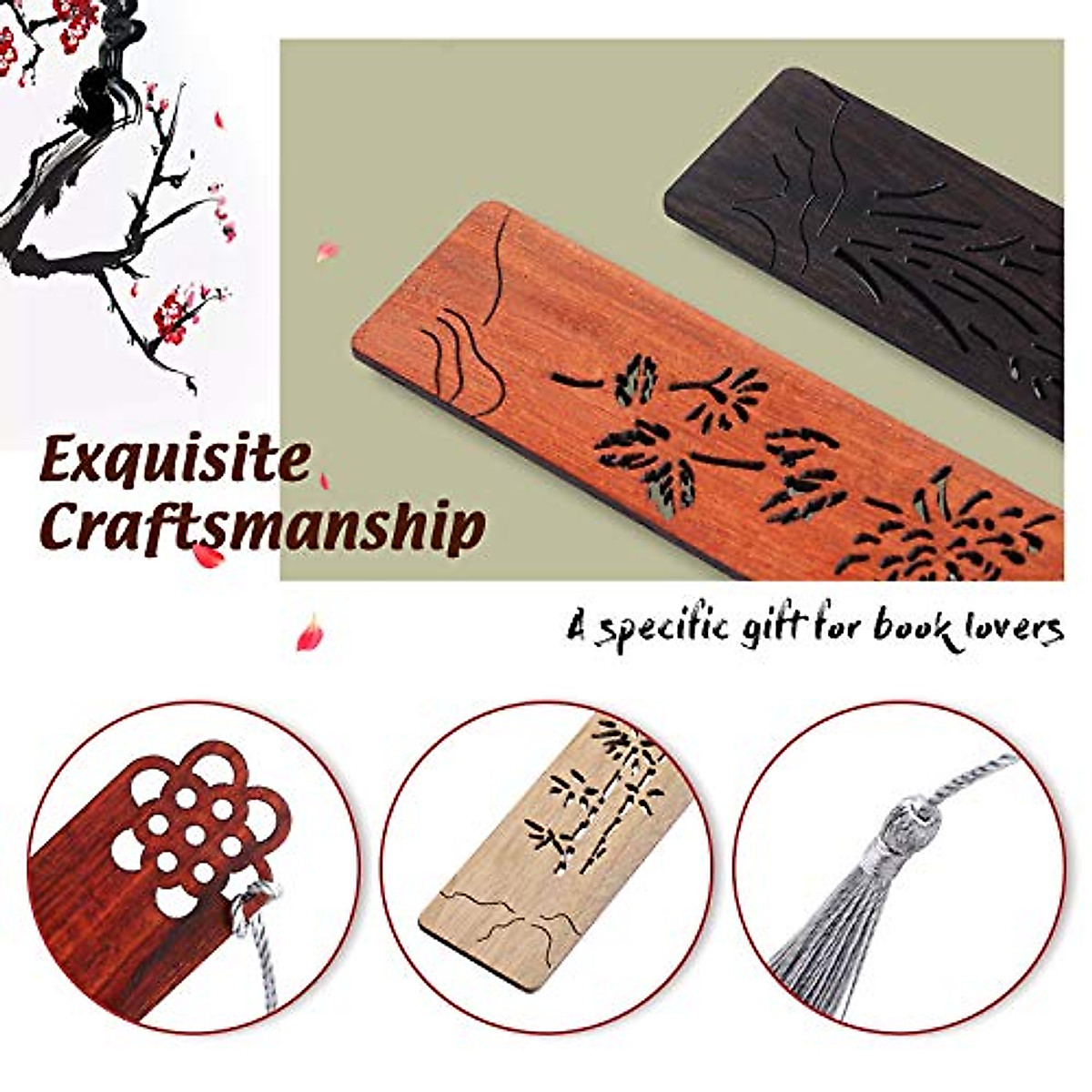 4 Pieces Carving Wooden Bookmark Classical Handmade Wood Bookmark Vintage Chinese Style Bookmarks Hollow Out Book Markers with Chinese Classic Element (Elegant Style)