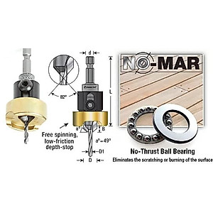 Amana Tool 55227 Carbide Tipped 82 Degree Countersink Set with Adjustable Drill Bit Depth Stop and No-Thrust Ball Bearing 3/8 Dia x 1/8 Drill Dia x 1/4 Inch Quick Release Hex Shank