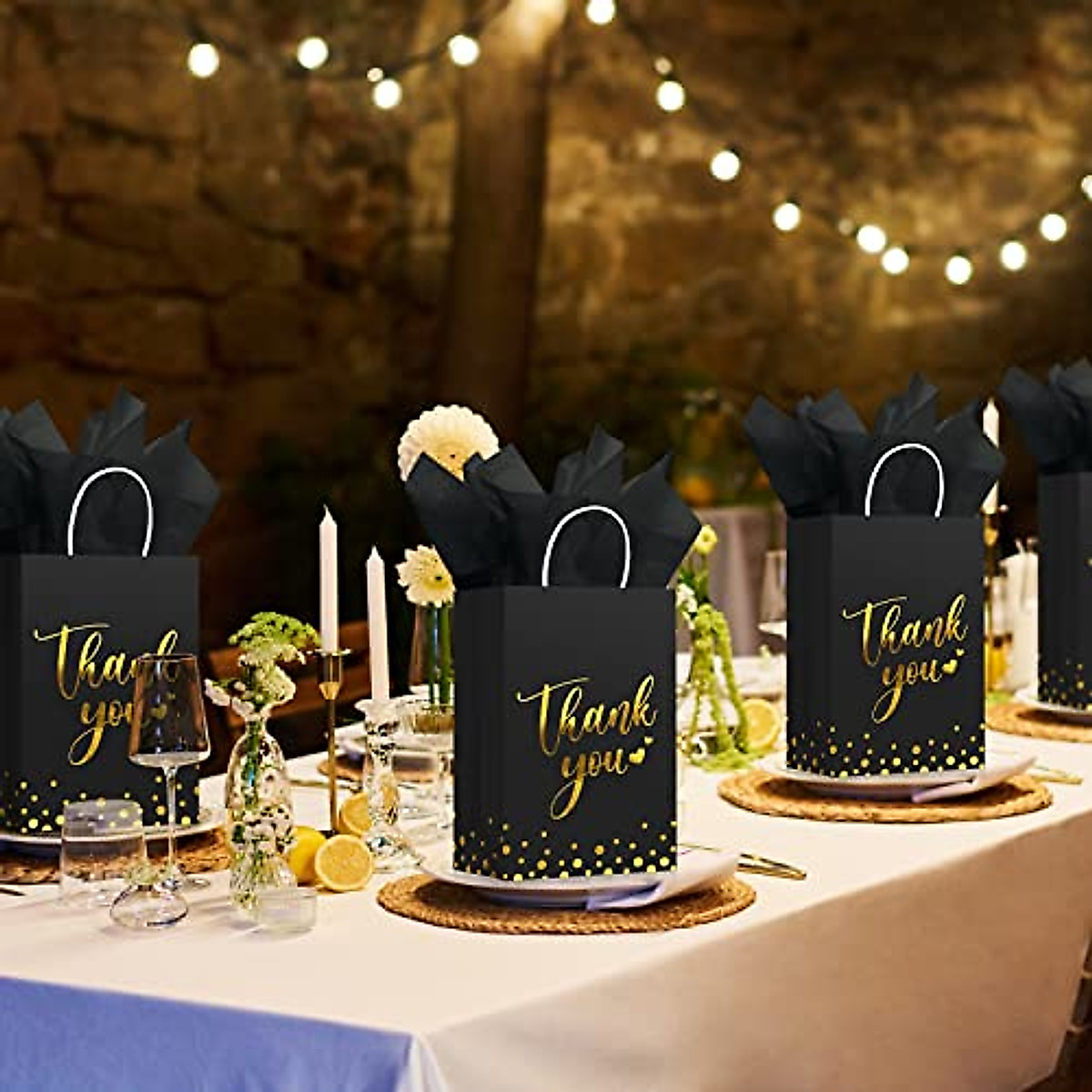 30 Pcs Thank You Gift Bags with Tissue Paper Gold Thank You Wedding Bags with Handle for Business, Shopping, Wedding, Baby Shower, Party Favors (Black Style)