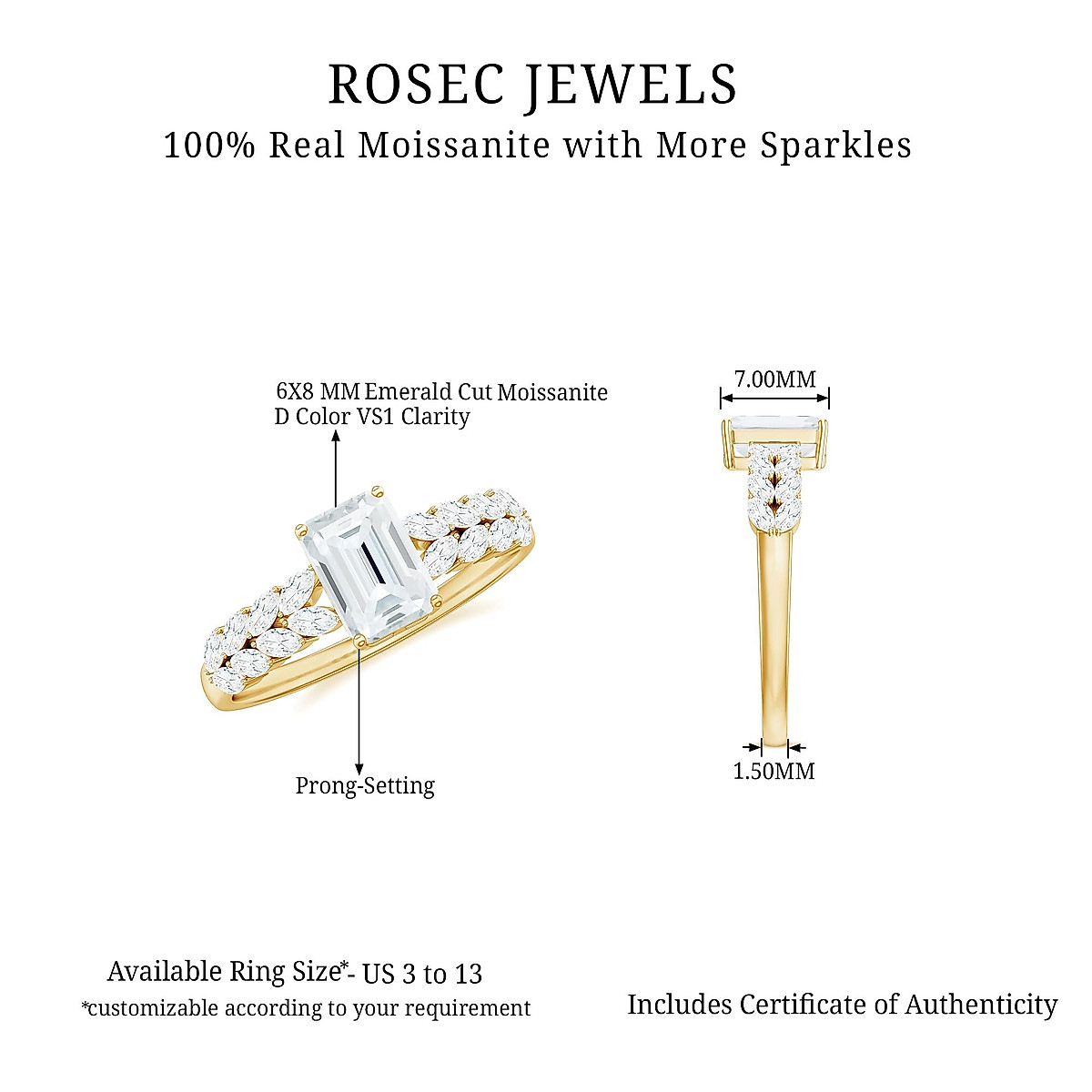 Certified Moissanite 6X8MM Emerald Cut Engagement Ring for Women, D-VS1 Quality - With Jewelry Box, 14K Yellow Gold, Size:US 4.50