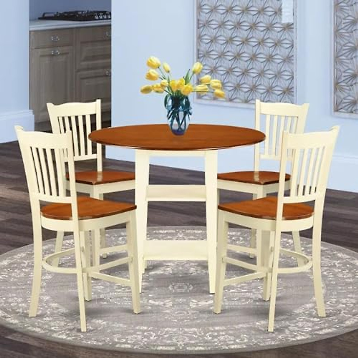 East West Furniture SUGR5H-BMK-W 5 Piece Counter Height Dining Table Set Includes a Round Kitchen Table with Dropleaf & Shelves and 4 Dining Room Chairs, 42x42 Inch, Buttermilk & Cherry