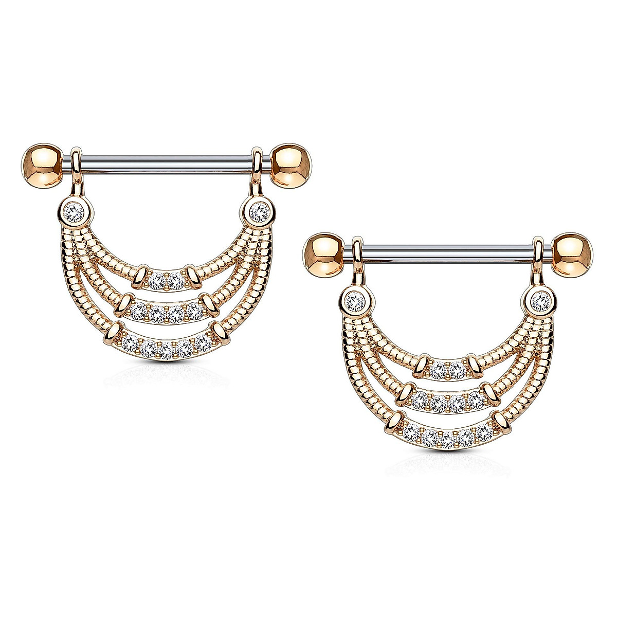 Forbidden Body Jewelry Pair of Surgical Steel 9/16 Inch D-Ring Style Pave CZ Triple Rope Dangle Nipple Barbells, Rose Gold Tone