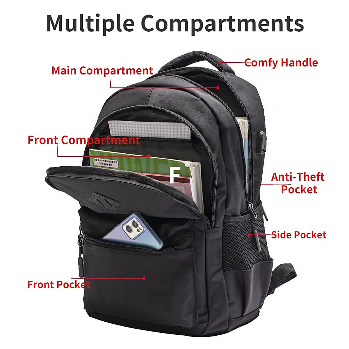 KOWVOWZ USB Charging Port Aesthetic Laptop Backpack Travel Student Bookbag Water Resistant (Black)