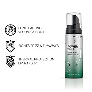 Joico Power Whip Whipped Foam | For Most Hair Types | Add Volume & Body | Thermal Heat, Humidity, & Pollution Protection | Boost Shine | Control Frizz & Flyaways | Silicone & Paraben Free | 1.7 Fl Oz